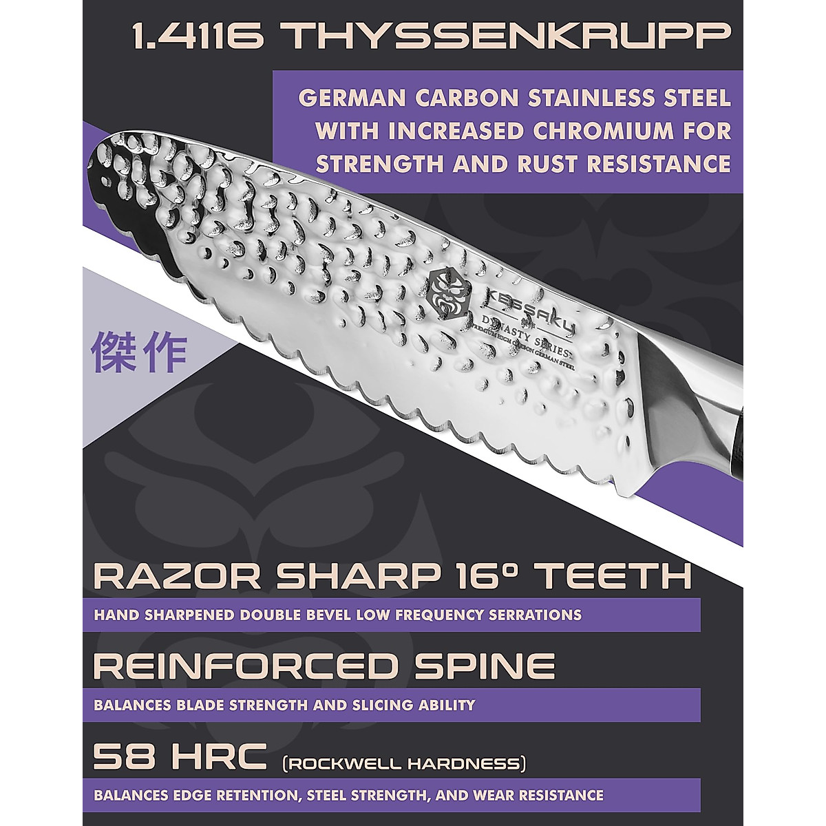 KESSAKU Spreader Sandwich Serrated Utility Knife - 6 inch - Dynasty Series - Razor Sharp Kitchen Knife - Forged ThyssenKrupp German High Carbon Stainless Steel - Hammered Finish - G10 Garolite Handle