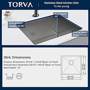 Bar Sink, TORVA 22.5 inch Undermount 16 Gauge Single Bowl Stainless Steel Kitchen Sink, Bar or Prep Sink