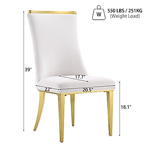 AZhome White and Gold Dining Chairs Set of 4, White Velvet Dining Room Chairs with Reticulate Texture Back and Metal Trim Top, Upholstered Chairs with Gold Stainless Steel Legs