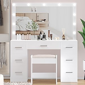 Irontar Vanity Desk with Stool, Makeup Table with Lighted Mirror, 3 Color Lighting Modes, Brightness Adjustable, Dressing Table with Drawers, Vanity Table Set for Women, White WDT004WD