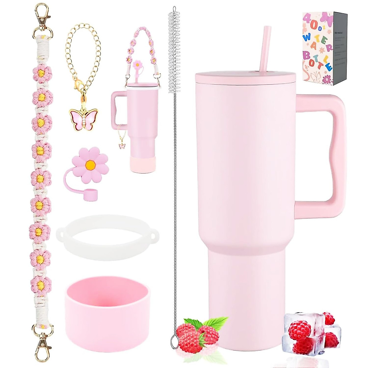 Sanilinwild 40 oz Tumbler with Handle Straw and Accessories, Drop & Abrasion Resistant, Vacuum Double-Layer Insulation, Ideal for Camping, Fitness, Outdoor Use