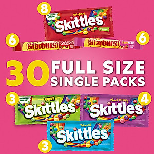 SKITTLES & STARBURST Variety Pack Full Size Chewy Candy Assortment, 62.79 oz, 30 Count