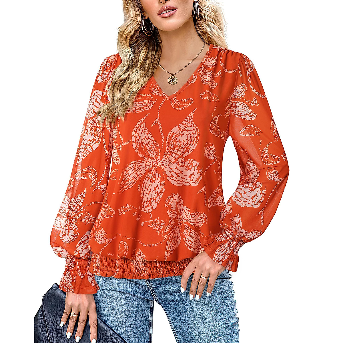 Bodhi talk Blouses for Women 2024 Elegant V Neck Lantern Long Sleeve Shirts Pleated Puff Sleeve Mesh Blouse Business Casual Outfits Cute Fall/Womens Print Dressy Tops Orange Floral Medium