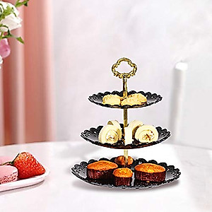 Black Round Plate 3 Tiered Serving Stand Tray Cake Stands Cupcake Holder Dessert Stand Table Decorations for Party Kids Birthday Tea Party Baby Shower