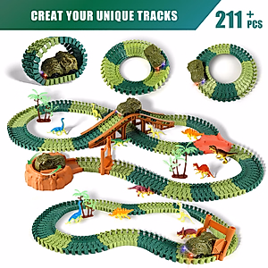 Jurassic Dinosaur Toys Race Car Track for Boys Age 4-7 Dinosaur World Road Race - Flexible Train Track Playset with 2 Cars and 8 Dinos-Todder Kids Best Gifts Ideas 3 5 6 Years Old (220+pcs) DDAI