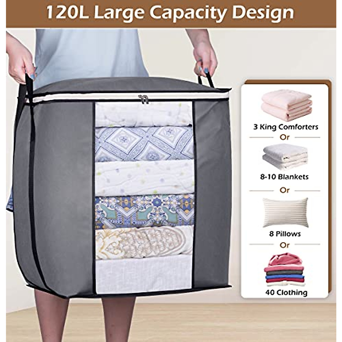 SLEEPING LAMB120L 1Pack Large Storage Bag Organizer Bundle 100L 3Packs Comforter Storage Bag for Closet