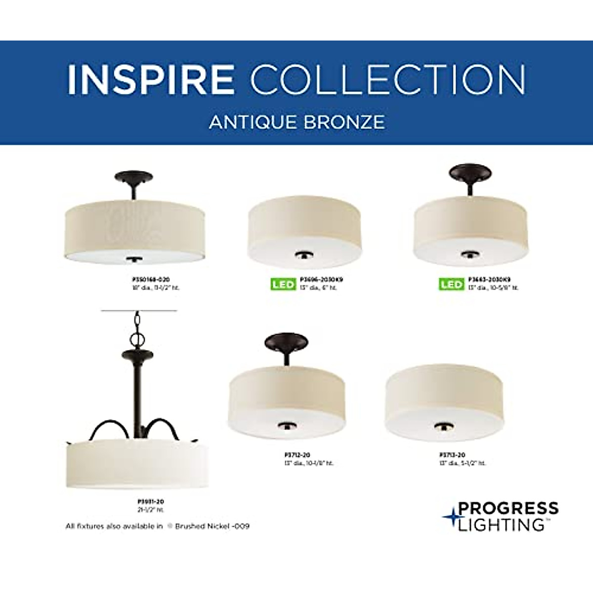 Progress Lighting P3713-20 Inspire Two-Light Flush Mount, Antique Bronze, 5.50x13.00x13.00