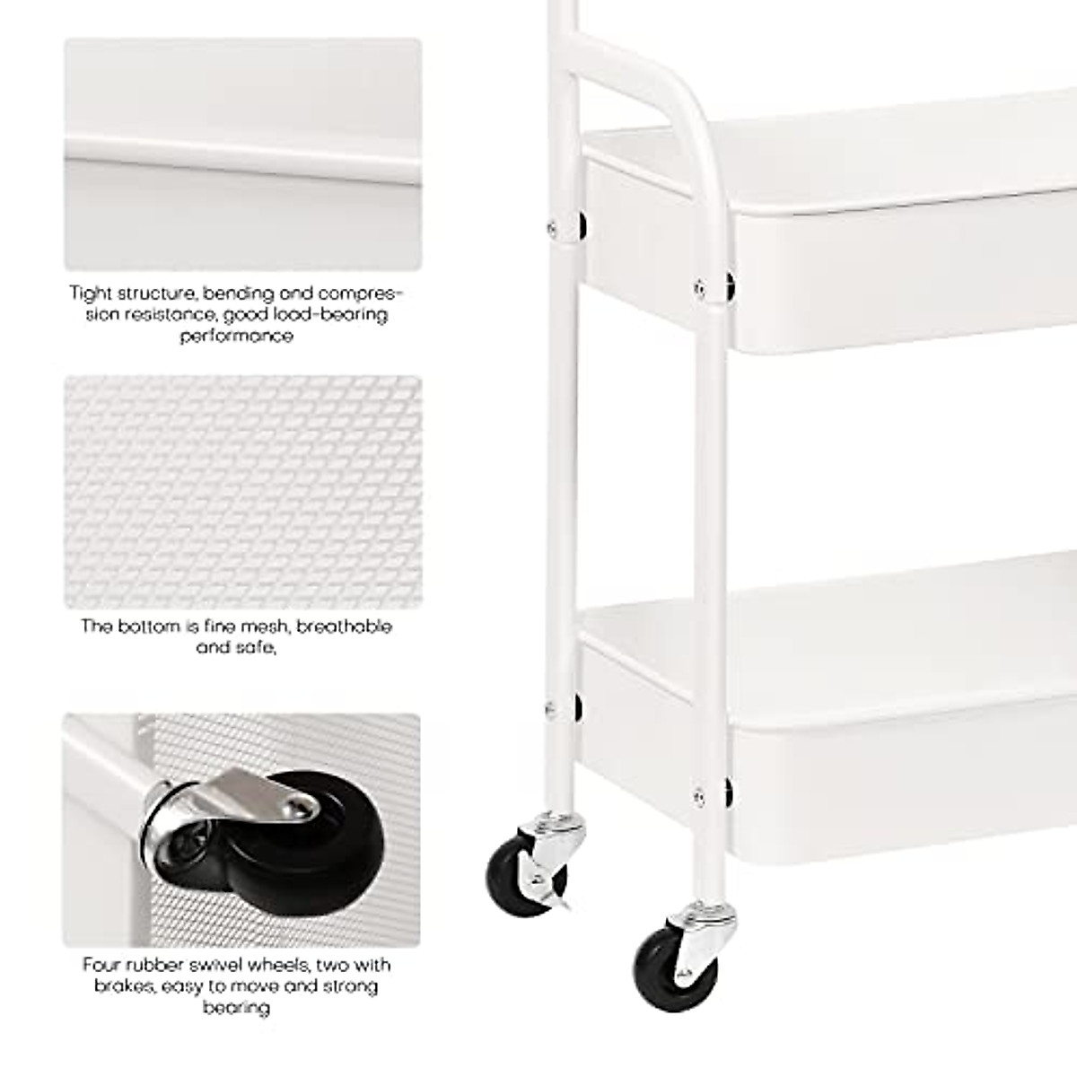 RêveLife 3 Tier Rolling Storage Cart Metal Utility Cart with Lockable Wheels Wooden Top Mobile Print Stand Heavy Duty Storage Organizer for Home Office Kitchen Living Room, White