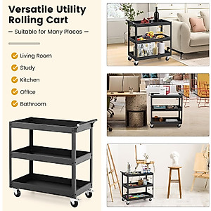 ERGOMASTER 3 Tier Rolling Tool Cart on Wheels, Heavy Duty Metal Service Cart with Lockable Wheels,330lbs Load Capacity Utility Cart for Garage, Warehouse, Workshop(Black)