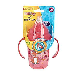 Nuby No Spill Flip N Sip 2 Handle Tritan 360 Weighted Straw Glitter Print - 8oz/ 240 Ml/ 12 M+, Colors Vary: Blue Space, Red Dinosaur, Pink Fox, Green Swan