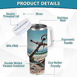 Burbuja Nautical Anchor Beach 40oz Insulated Tumblers with Handle and Straw Lid, Double Wall Stainless Steel Travel Mug Leak-Proof, BPA Free, Gift for Mom Dad
