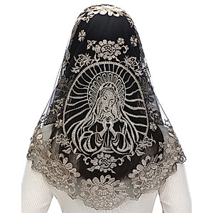 Bozidol Women's Chapel Lace Veils Catholic Church Mantilla Mass Head Covering Religious Christian Gift for Women (Black-Gold)