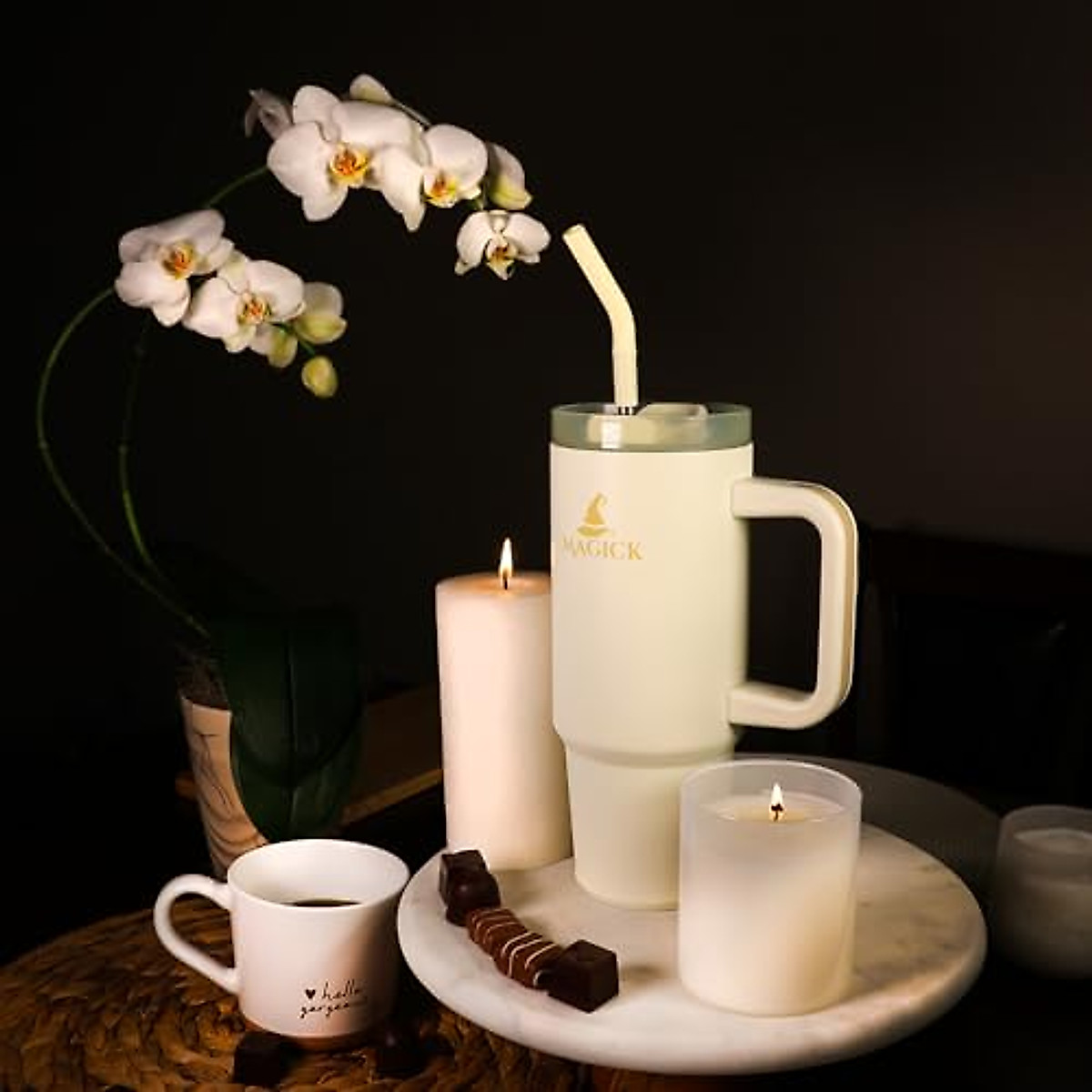 Magick Tumbler – 40oz Insulated Stainless Steel Tumbler with Handle, Lid & Straw, Dishwasher Safe – Hot & Cold Drink Travel Mug for Coffee, Water, Tea, and Smoothies