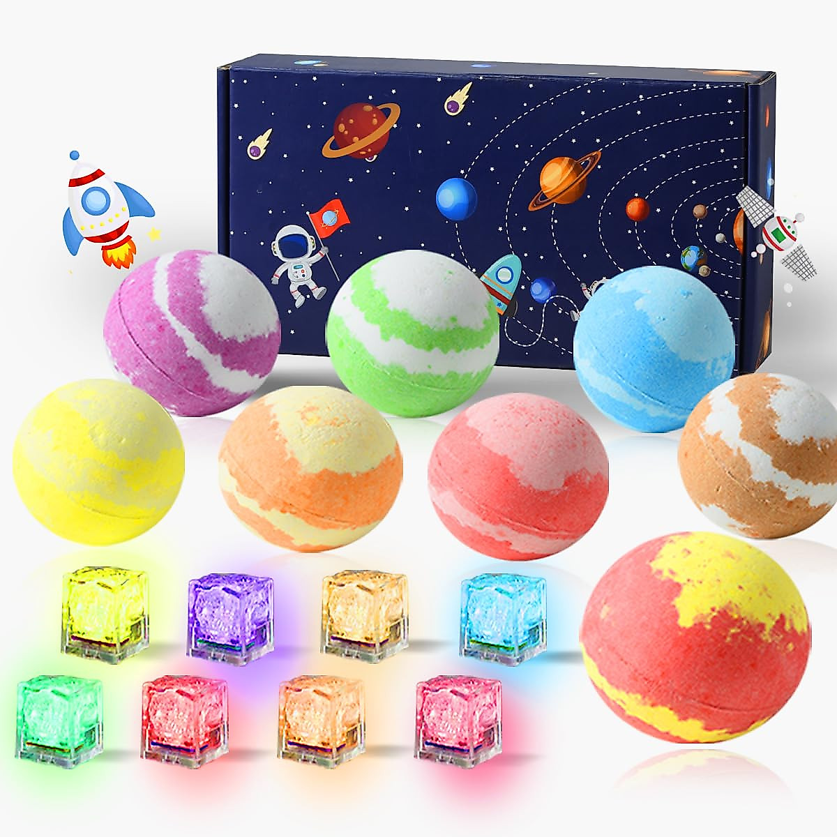 3.88OZ Bath Bombs for Kids Boys Girls Women with Toys Inside Surprise, 8 Light up Bath Bomb of Solar System Set, Organic Essential Oil spa Gift Set for Party, Christmas, Birthday