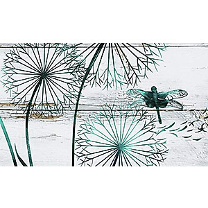 Visual Art Decor Abstract Teal Dragonfly with Dandelions Rustic Wood Texture Background Canvas Wall Art Prints Gallery Wrapped Picture Ready to Hang for Home Office Bedroom Living Room Wall Decoration