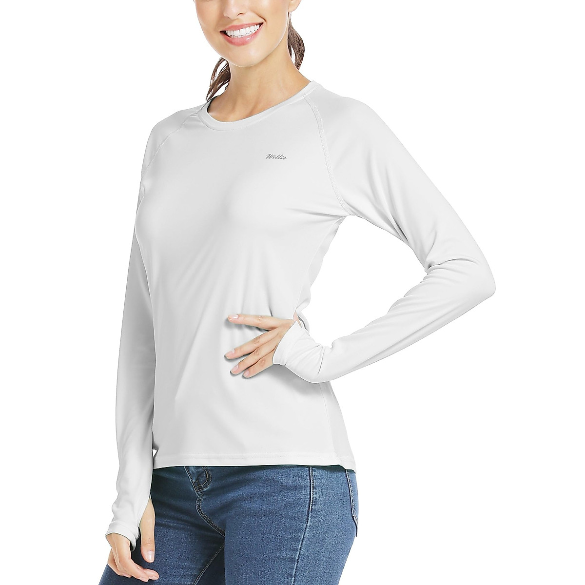 Willit Women's UPF 50+ Sun Protection Shirt Long Sleeve SPF UV Shirt Rash Guard Swim Hiking Fishing Tops Lightweight White L