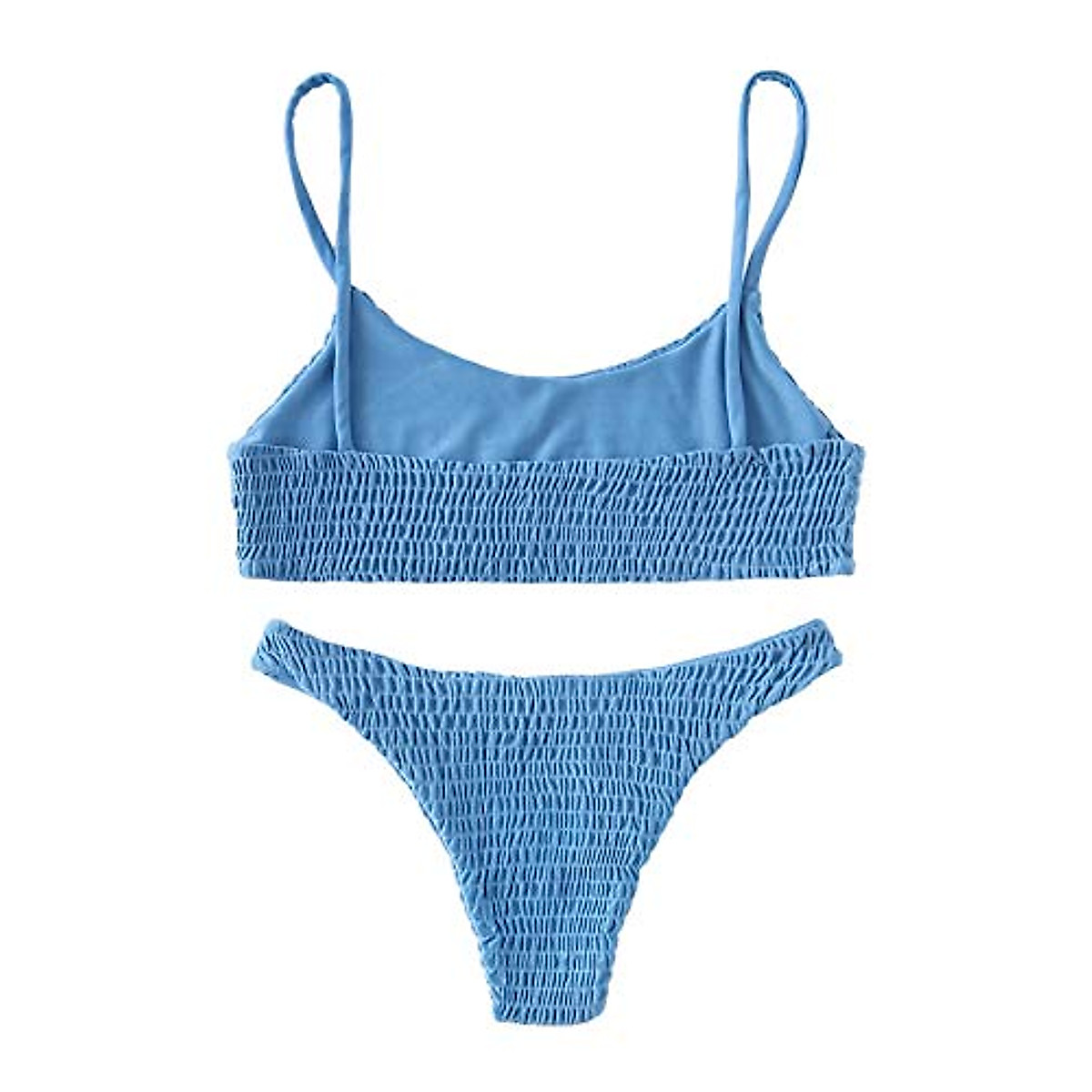 Verdusa Women's 2 Peices Textured Bathing Suit Smocked Wireless Bikini Bandeau Top Thong Swimsuit Blue M