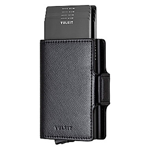VULKIT Credit Card Holder RFID Blocking Leather Automatic Pop Up Wallet Magnetic Wallet Double Card Case for Men and Women Cross Black