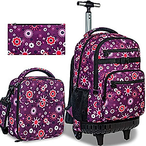 3PCS Rolling Backpack for Women, 19 Inches Travel Roller Bookbag with Wheels, Teen Girls College Backpacks Wheeled - Purple