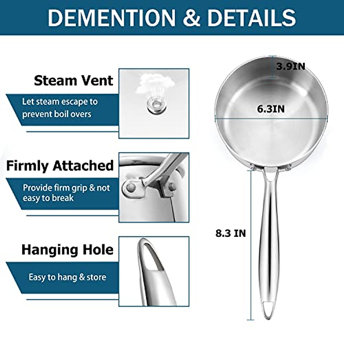 Homikit 2 Quart Saucepan with Lid, Tri-Ply Stainless Steel Sauce Pan, Kitchen Induction Cooking Pot with Ergonomic Handle, Small Pan for Making Sauce, Warming Milk, Boiling Eggs, Dishwasher Safe