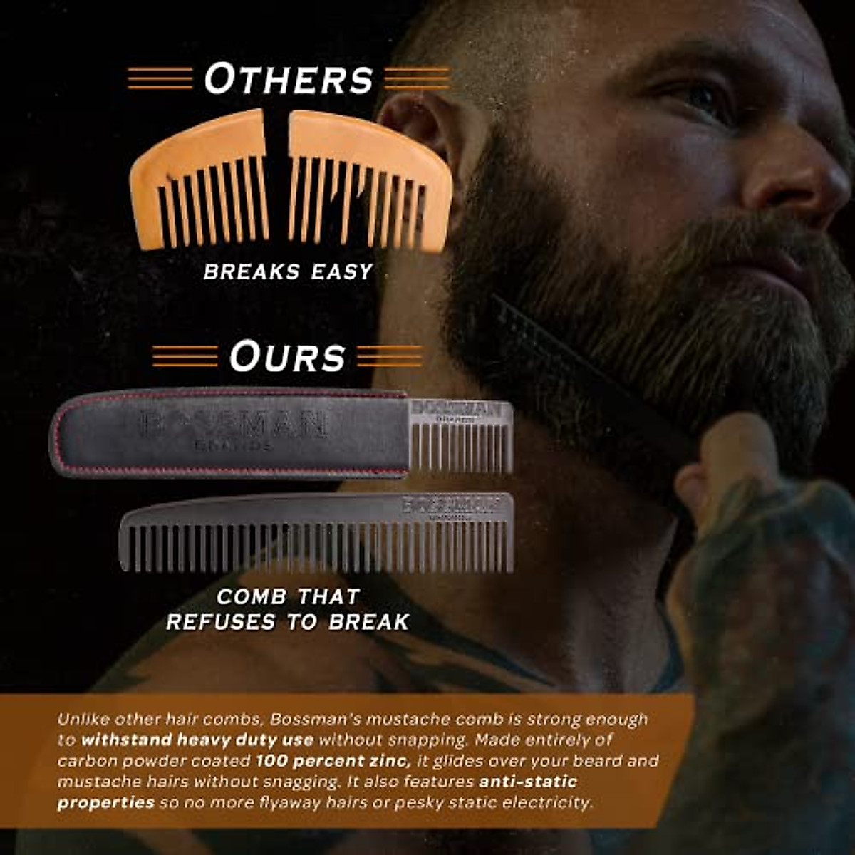 Bossman Metal Comb for Men - Hair and Beard Comb - Accessories for Men's Mustache, Beard and Hair Care with Leather Pocket Case (Black)