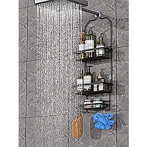 Elbourn Shower Caddy Over Shower Head, Bathroom Hanging Shower Organizer with Hooks, SUS201 Stainless Steel Shower Storage Rack 3 Shelves for Shampoo, Soap and Razor - Black