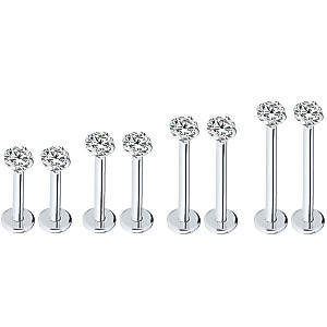 Injoy Jewelry 4 Pairs 16G Stainless Steel 3mm Round Cubic Zircon Lip Studs Labret Monroe Nose Tragus Helix Ear Piercing Jewelry 6-12mm Bar Length