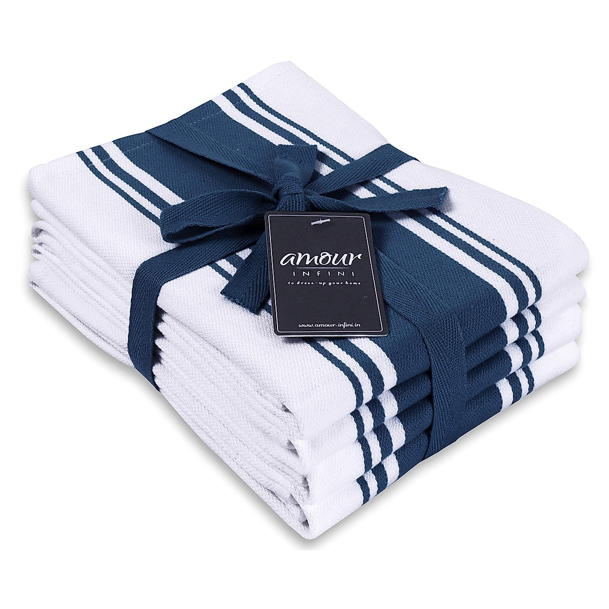 AMOUR INFINI Cotton Stripe Kitchen Towels Set of 4 Highly Absorbent, Super Soft, Quick Drying Dish Towels with Hanging Loop Oversized Washable Tea Towels (28x20 Inch - Blue)