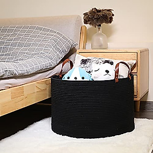 Cotton Rope Basket XXL Blanket Basket for Blankets Large Woven Storage Basket Round Rope Basket Black Toy Basket Woven Laundry Basket with Real Leather Handle, 20''X20''X13''