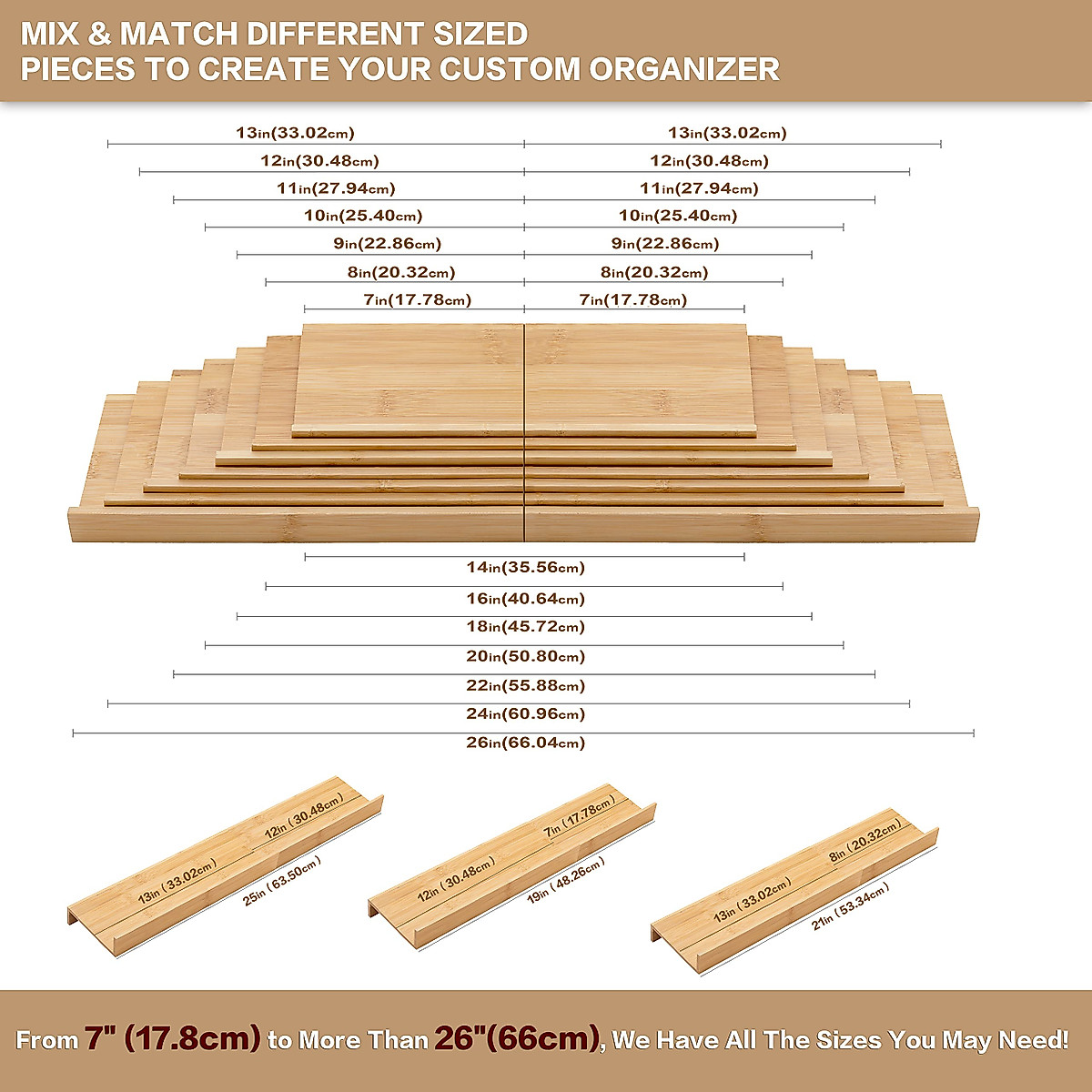 Angimio Bamboo Spice Rack Drawer Organizer - 8 Pieces Set- 9" Wide Per Piece - Combine Pieces Into 18" Wide Rack (9" or 18")