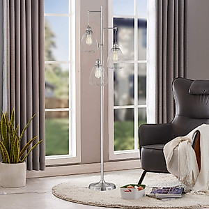 Floor Lamp, Industrial Rustic Standing Lamp with 3 Elegant Teardrop Cage Shade, Modern Tall Floor Lamps for Living Room with 3 Edison Bulbs, Minimalist Pole Floor Light for Home Office - Chrome