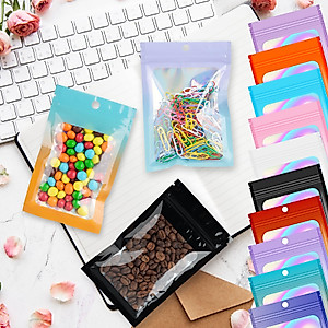 100PC Smell Proof Bags 4 Size Resealable Mylar Holographic Bags with Clear Window - Odor-Proof Packaging Pouches for Food Candy Storage, Eyelashes, Jewelry, Electronics,Small Business (Orange)