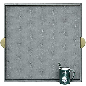 HofferRuffer Extra Large Square Serving Tray, Elegant Faux Leather Ottoman Tray with Gold Hardware Handles, Serve Tea, Coffee or Breakfast in Bed, 23.6 x 23.6 inches (Large Square)