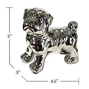 Sagebrook Home Ceramic Pug Dog Figurine, Accent Piece Sculpture Home Decor Collectible, Craft Ornament Art Statue Decoration for Interior Design, 4.5" x 3" x 5", Silver