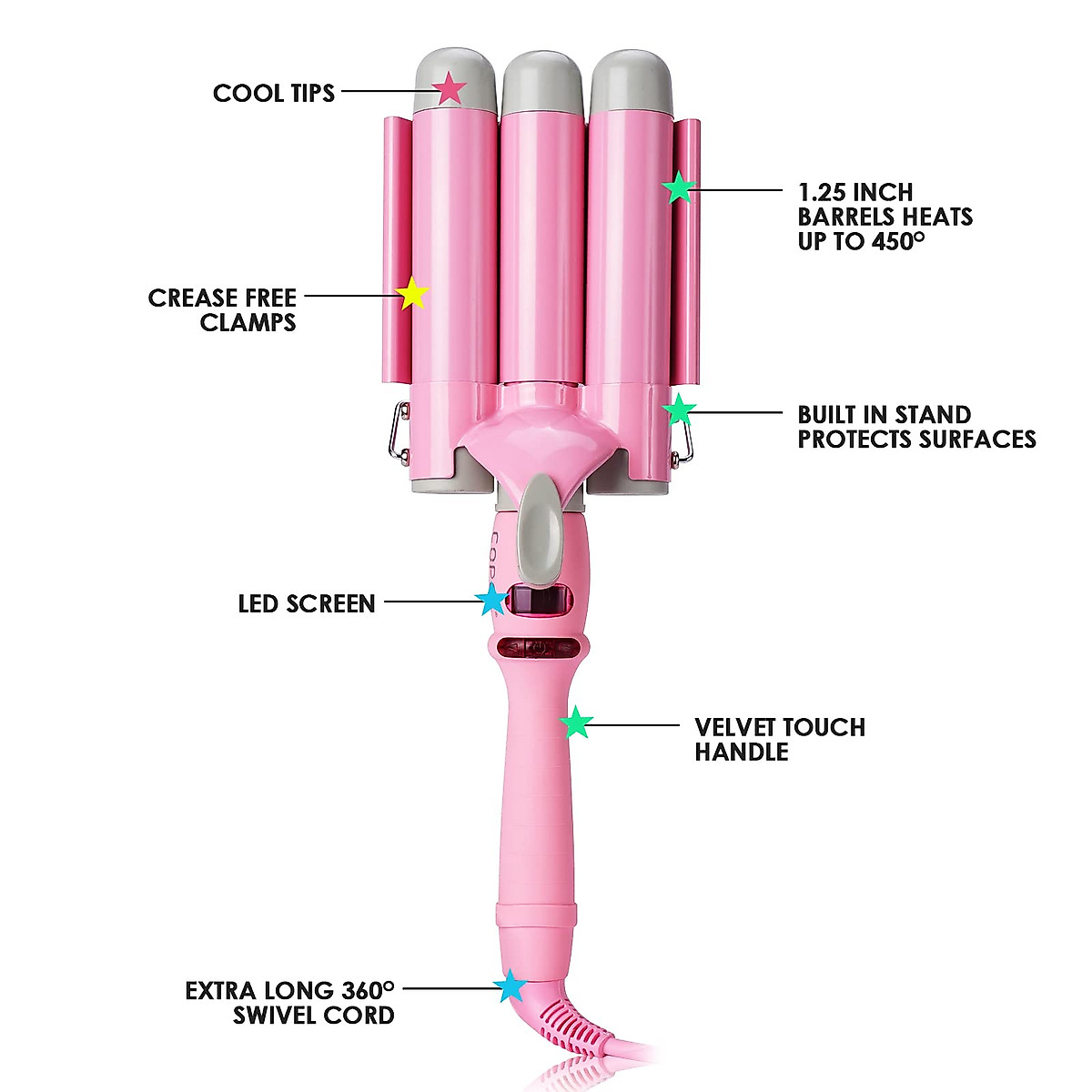 COPOL 3 Barrel Hair Curlers, 32mm Beach Waves Curling Iron Curling Wand for Long Hair with Temperature LED Indicator/Adjustable Bracket/Heat Proof Glove. 80-210℃Heat Up Quickly Curling Iron