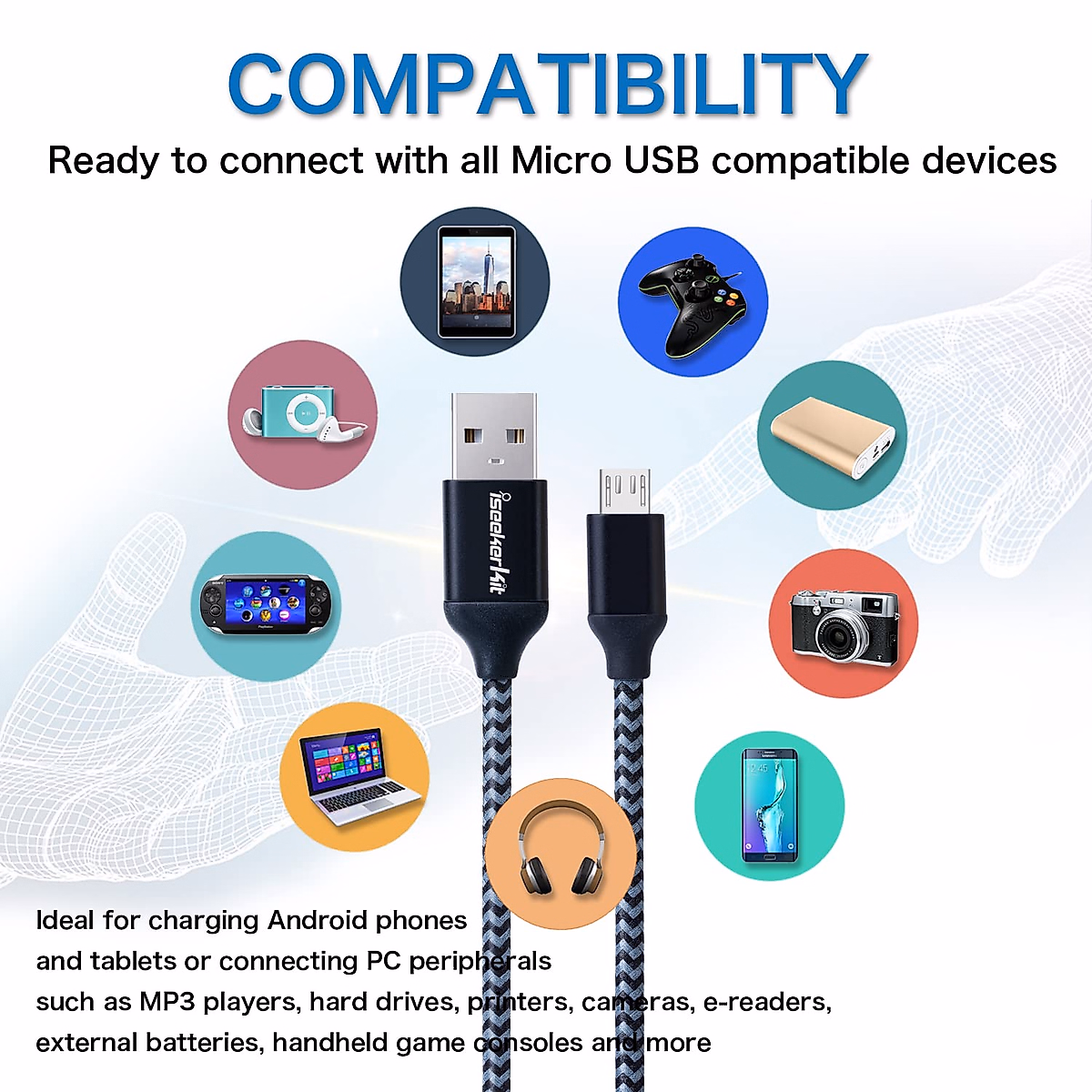 iSeekerKit Short Micro USB Cable 1Ft Nylon Braided Fast USB Charging Cord Compatible for External Battery Charger, Samsung, HTC, LG, Android and More [3 Pack] (Black)