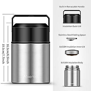 Soup Thermos Food Jar Insulated Lunch Container Bento Box for Cold Hot Food 27oz Food Flask Wide Mouth Stainless Steel Vacuum Lunch Box for Kids Adult with Spoon Flexible Handle Leak Proof – Silver