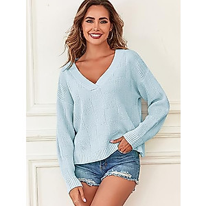 ZAFUL Womens V Neck Oversized Long Sleeve Sweaters Off Shoulder Square Textured Loose Knit Pullover Jumper Tops Blue L