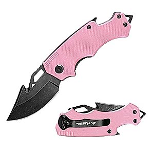 FLISSA Mini Folding Pocket Knife, 2.5-Inch Stainless Steel Drop Point Blade, EDC Pocket Knives for Women with Bottle Opener and Glass Breaker (Pink)