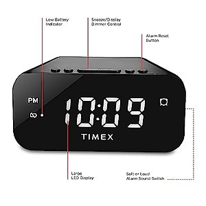 Timex Alarm Clock with Large Display, Digital Alarm Clock for Bedroom Includes 120V Universal Power Adapter (T121B - Black)