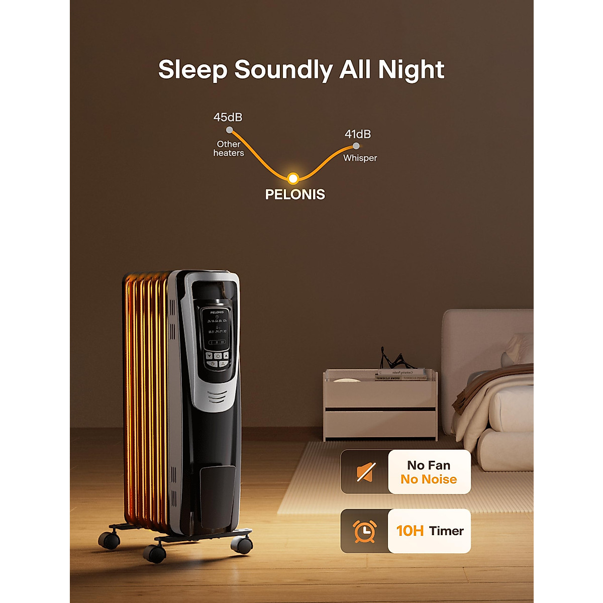 PELONIS Radiator Heater for indoor use Large Room with Remote, Thermostat & LED Display, Quiet Oil Filled Heater with 5 Temperature Settings, Overheat & Tip-Over Protection, Silver
