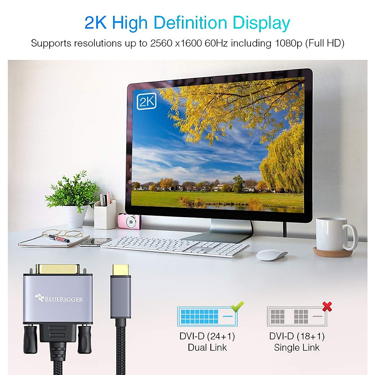 BlueRigger USB C to DVI Cable (6FT, 4K 30Hz, USB 3.1 Type C to DVI, Thunderbolt 3 to DVI) USB-C to DVI-D Cable Compatible with Samsung Galaxy, Surface Book, MacBook Pro, Dell, Pixelbook and More