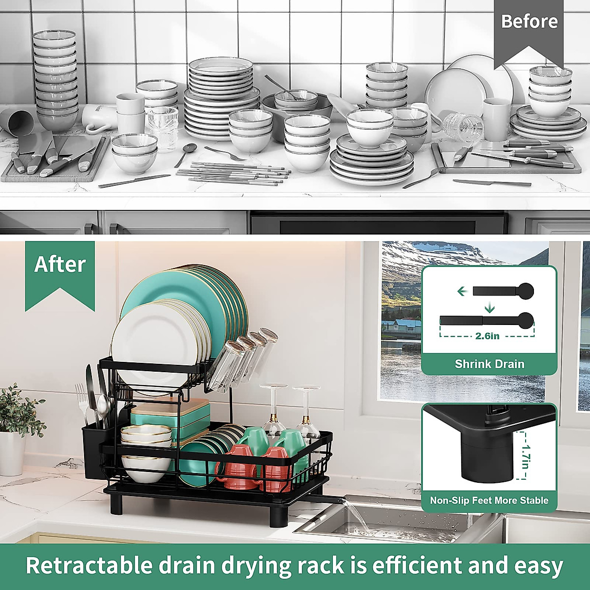 MOUKABAL 2-Tier Kitchen Dish Drying Rack with Removable Utensil Holder, Large Capacity Drying Rack with Drainboard for Kitchen Sink Counter (Black, Metal)