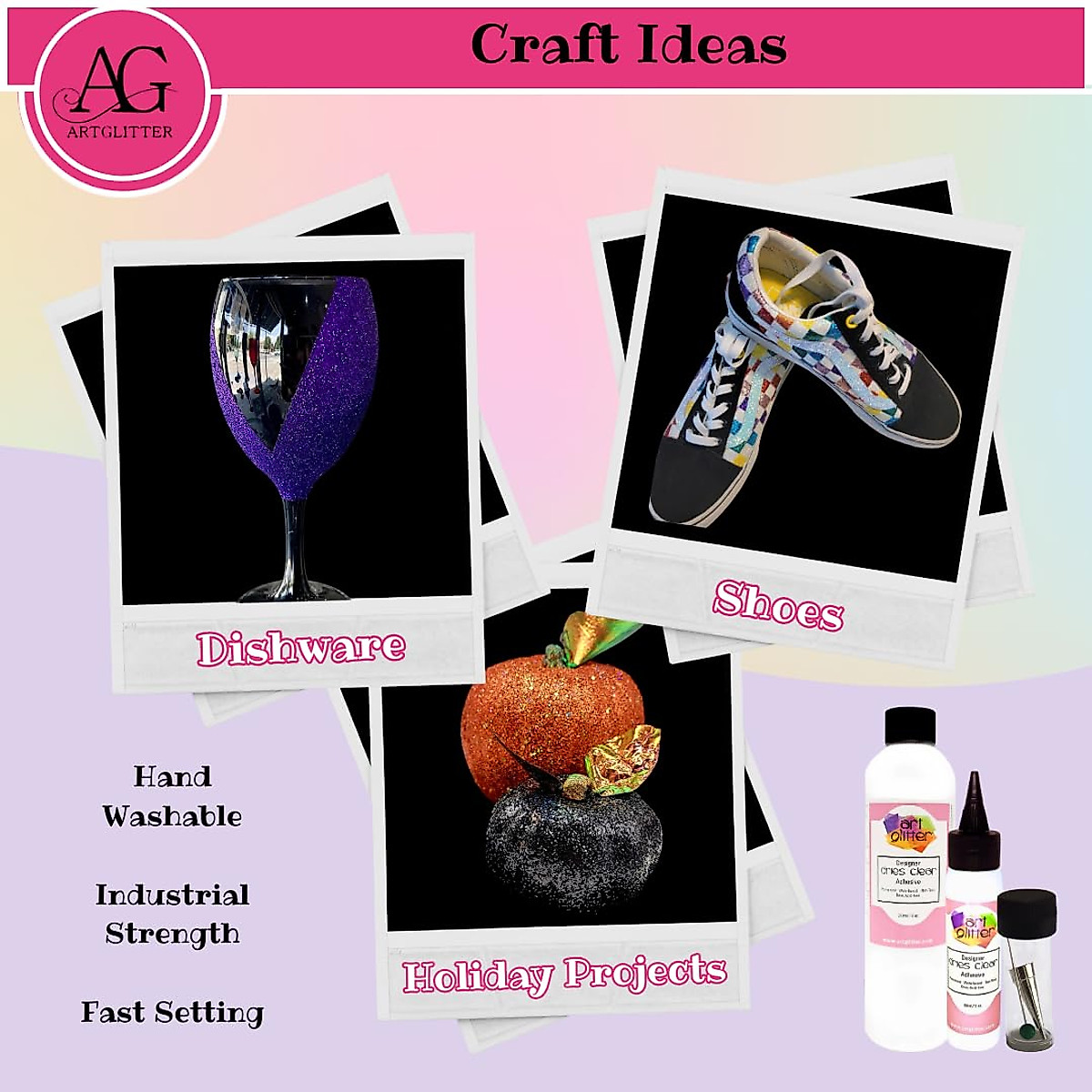 Art Institute Glitter Designer Dries Clear Adhesive Clear Glue Kit Bundle-3 Items 8oz,2oz and Metal Tip, Multicolored