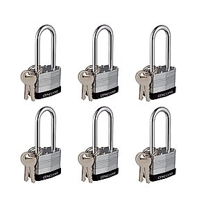 CINCINNO Laminated Steel Padlock with Key，6 Pack Keyed Alike Padlocks with Long Shackle