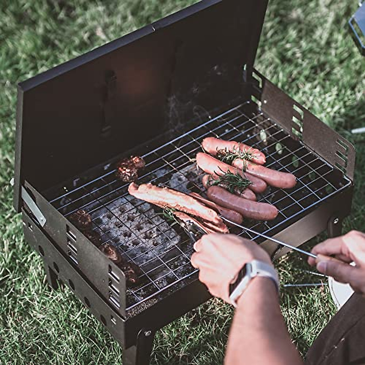 HOMFUL Charcoal Grills Portable Camping Grill Folding BBQ with 8 Pcs Barbecue Accessories with Lid 3-level Height Adjustment for 3 to 5 people for Outdoor Hiking Party Park Beach, Black