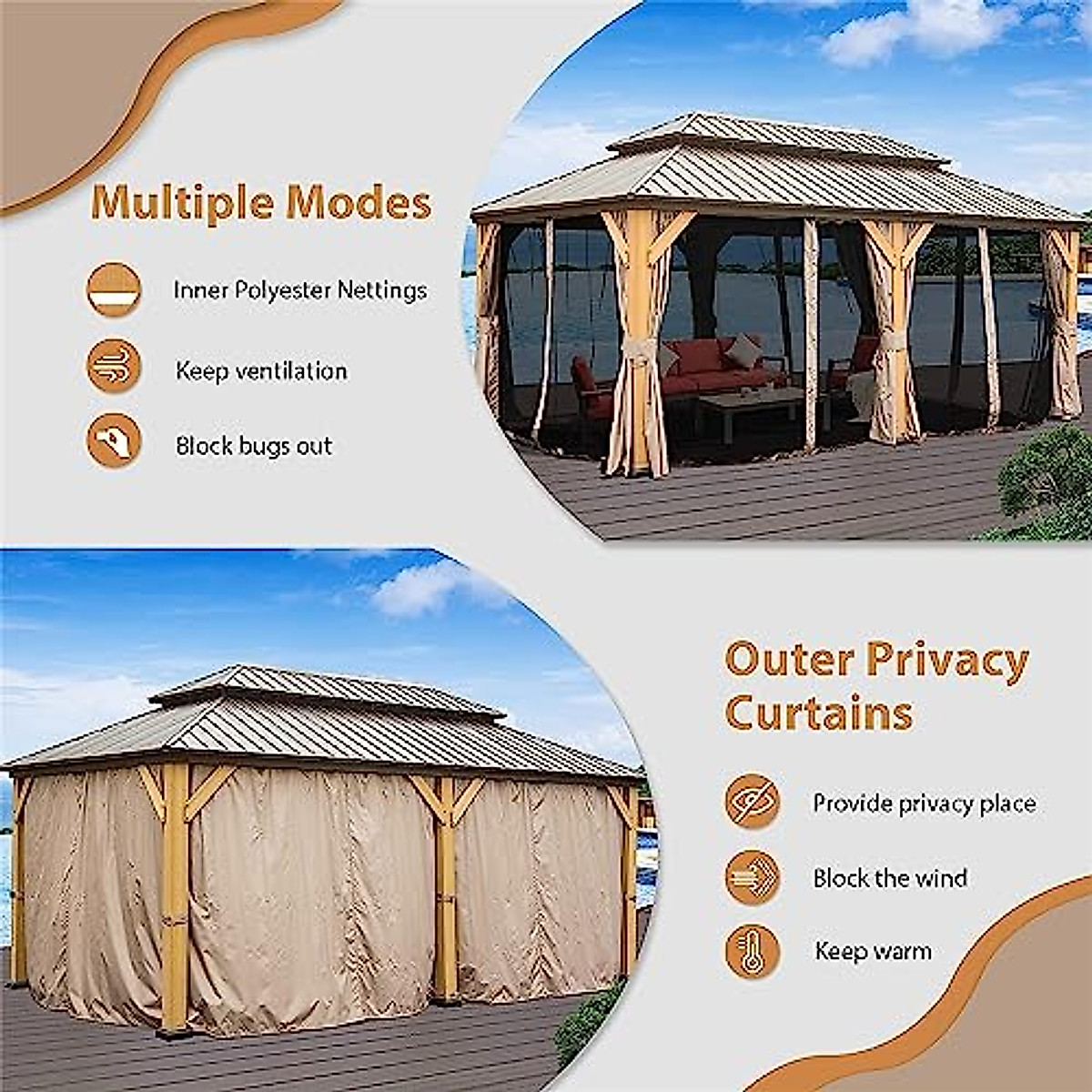 Jaxenor Outdoor Cedar Wood Frame Canopy - 12'x20' Hardtop Gazebo with Galvanized Steel Double Roof - Permanent Metal Pavilion for Patio, Backyard, and Lawn - Includes Curtains and Netting - Brown