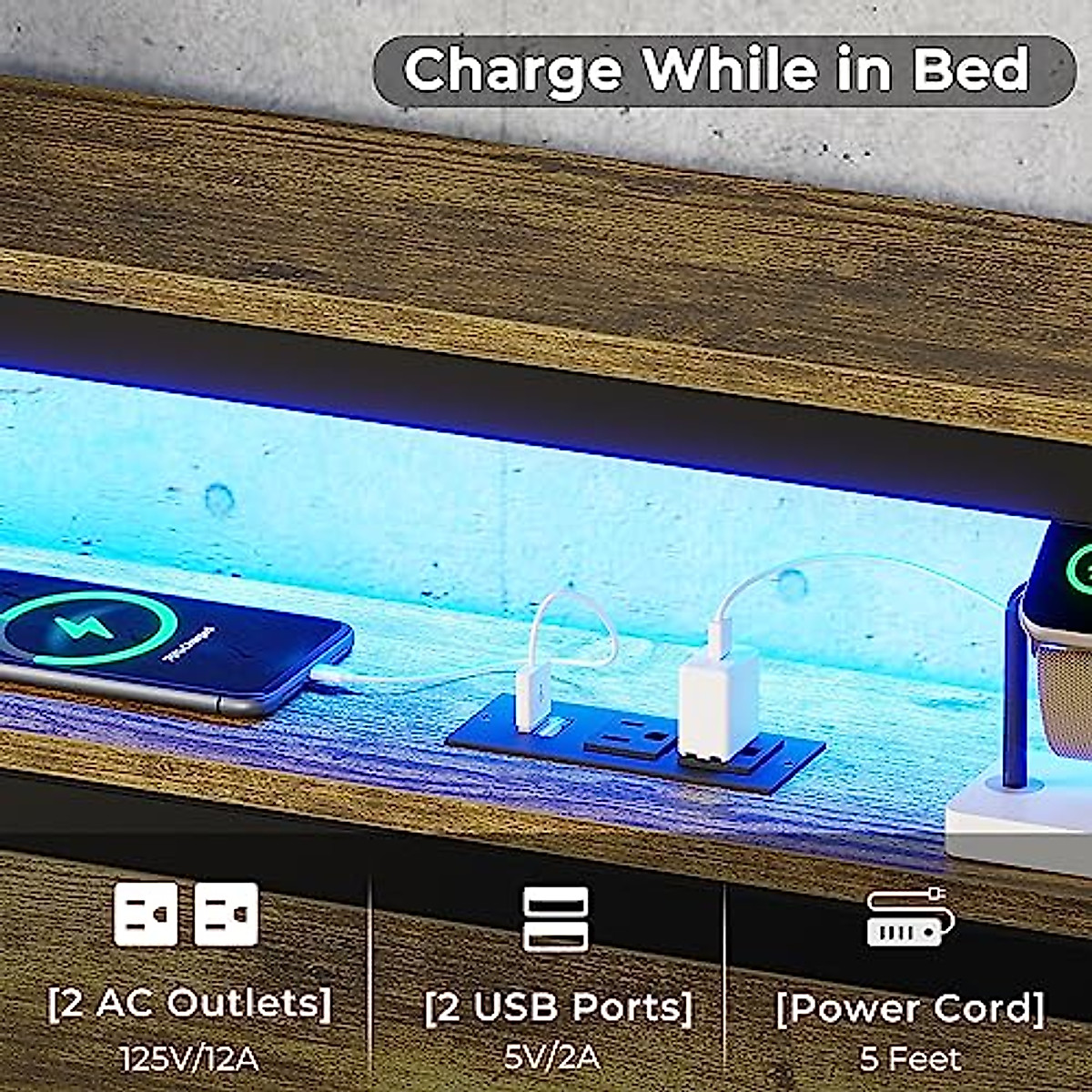 ADORNEVE LED Queen Bed Frame with Storage Headboard, Metal Platform Bed with Charging Station, Bed Frame with 4 Drawers, Storage Shelves, No Box Spring Needed,Noise-Free,Vintage Brown