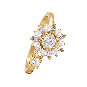 Rotatable Pearl Flower Round CZ Anti Anxiety Statement Adjustable Wrap Open Rings for Women 14K Gold Plated Cubic Zirconia Crystal Stress Relief Fidget Spinner Ring Dainty Expandable Stacking Worry Knuckle Snowflake Rings Fashion Jewelry Gifts Bff Xmas