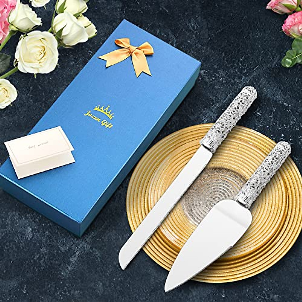 Jozen Gift Wedding Silver Cake Knife and Server Set - 2 Pcs Dessert Set Metal Handle with Crystal Stones Decoration for Wedding, Anniversary Party Birthday Banquets,Gifts for Bride and Groom